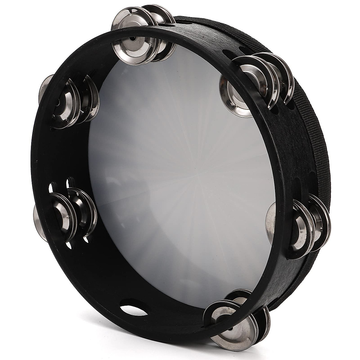 YOUEON 2 Pack Radiant Tambourine with Double Row Jingles, 8/10 Inch Wood Handbell Music Reflective Drum, Hand Drum Percussion Instrument for Church, Tambourine for Dance, Party, KTV