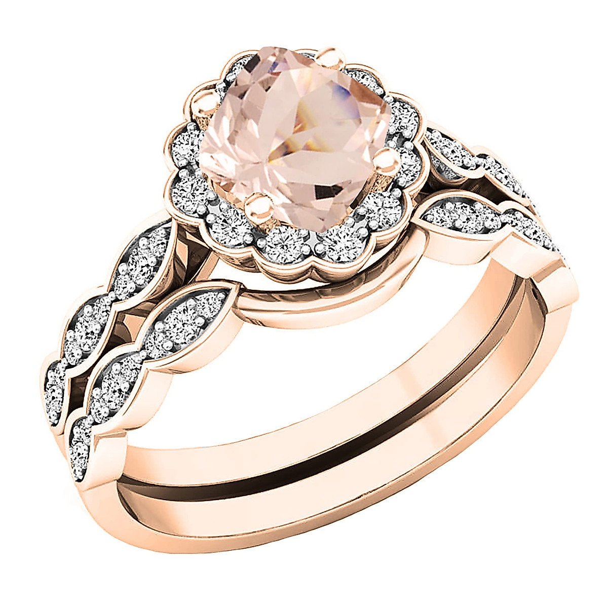 Dazzlingrock Collection 5.5 MM Cushion Morganite & Round Diamond Ladies Halo Wedding Ring Set in 14K Rose Gold, Size 9