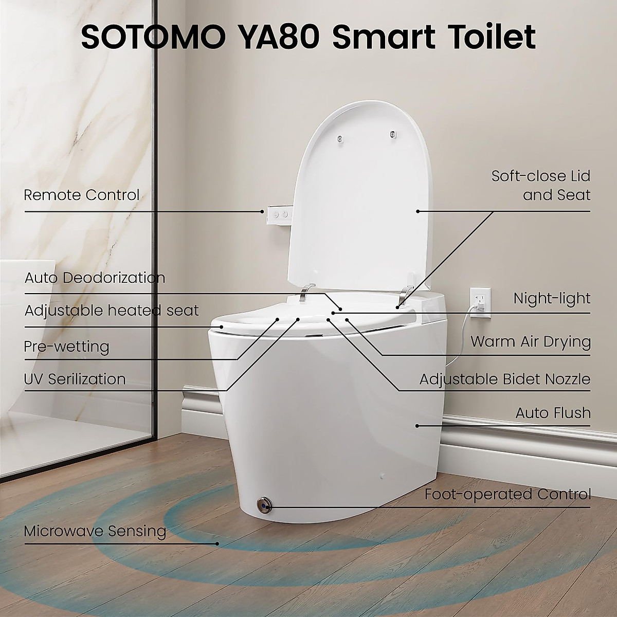 SOTOMO Smart Toilet With Built-in Bidet, Elongated Bidet Toilet, Instant Warm Water Wash, Auto Flush, Auto Open/Close, Heated Seat, Dryer, Night-Light, and Flush Capability During a Blackout - YA80