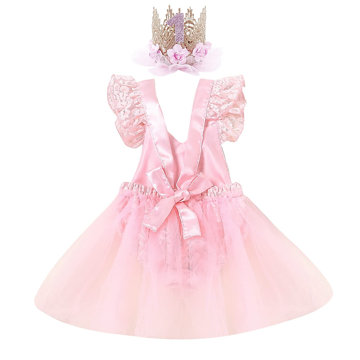 Onderful 1st Birthday Girl Outfit Cake Smash Boho Rainbow First Birthday Dresses Princess Floral Party Supply Lace Romper Mini Tutu Skirt Headband Summer Baby One Year Old Photoshoot Pink 12-18 Months