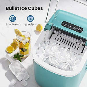 Portable Ice Maker Machine with Handle, 26lbs/24Hrs, 6Mins/9 Ice Cubes, Self-Cleaning with Basket/Scoop, Countertop Ice Makers for Home/Kitchen/Office(Green)