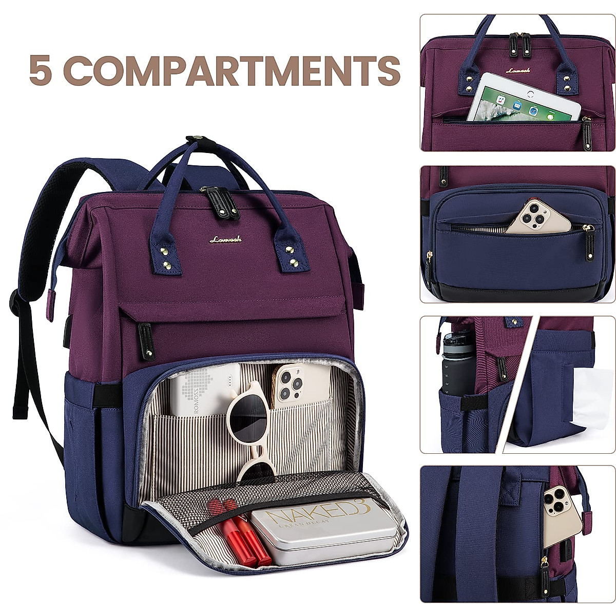 LOVEVOOK Laptop Backpack for Women, 15.6 Inch Work Business Backpacks Purse with USB Port, Large Capacity Nurse Bag College Bookbag for School, Waterproof Casual Daypack for Travel