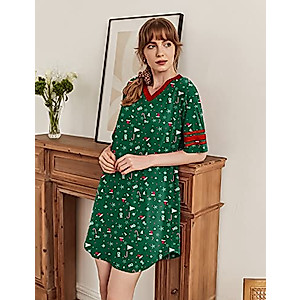 Ekouaer Womens Nightgown Cotton Sleepwear Short Sleeve Sleep Shirt V Neck Color Block Nightshirt XL Christmas Green