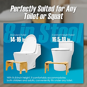 Toilet Stool for Adult and Kids, 8 Inches Toilet Squat Stool for Bathroom Foldable Bamboo Toilet Foot Potty Poop Stool with Non-Slip Pads - Improved Bowel Movement (Natural Color)