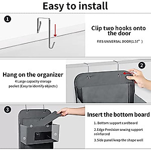 4-Shelf Over The Door Hanging Organizer with 2 Metal Hooks，4 Pocket Over The Door Wall Mount Storage with Clear Windows for Baby Nursery Bathroom Closet,Bedroom,Dorm, Diapers,Kids Toys (Gray)