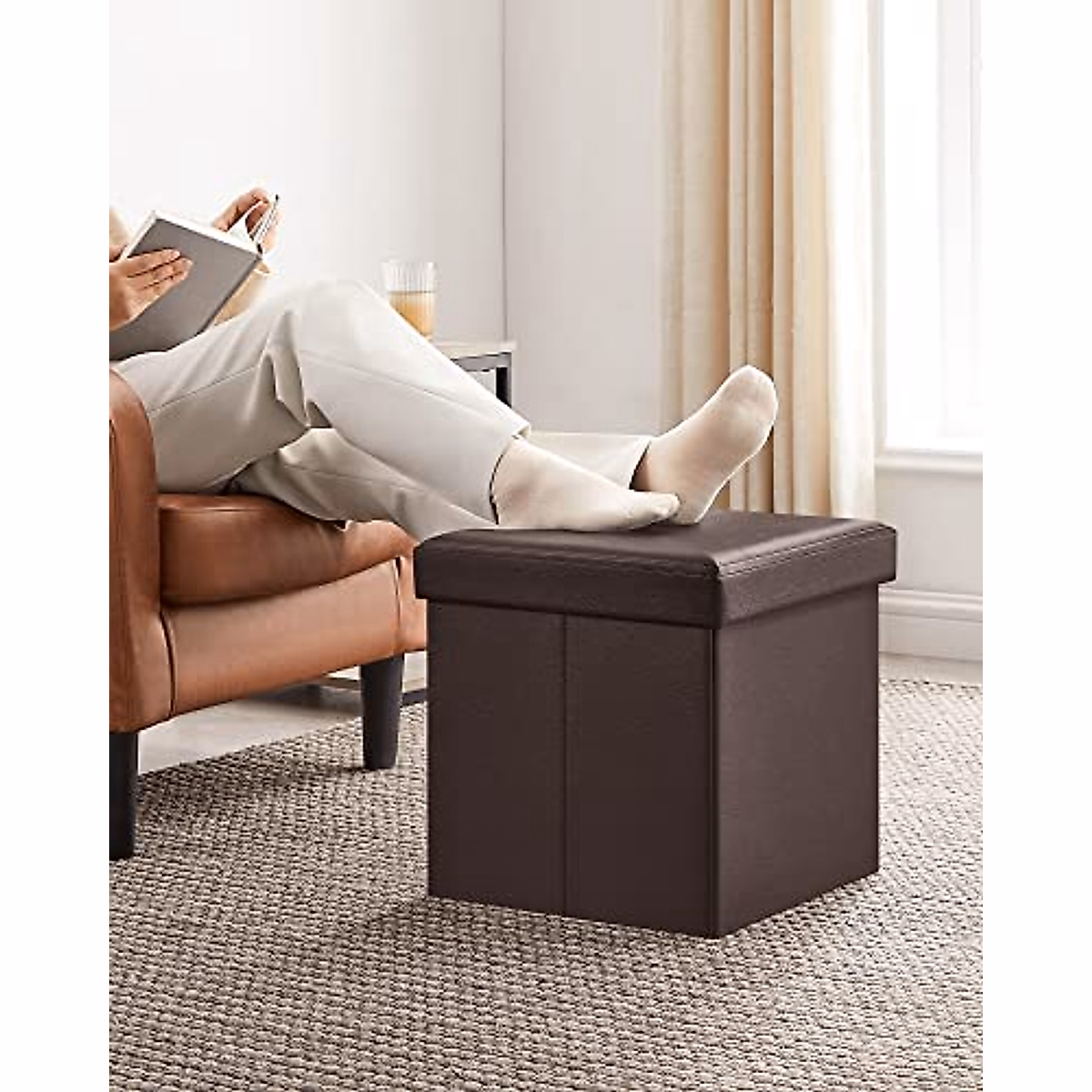 SONGMICS 15" x 15" x 15" Storage Ottoman Cube / Footrest Stool / Coffee Table / Puppy Step, Holds Up to 660lbs , Faux Leather ,Brown ULSF10B