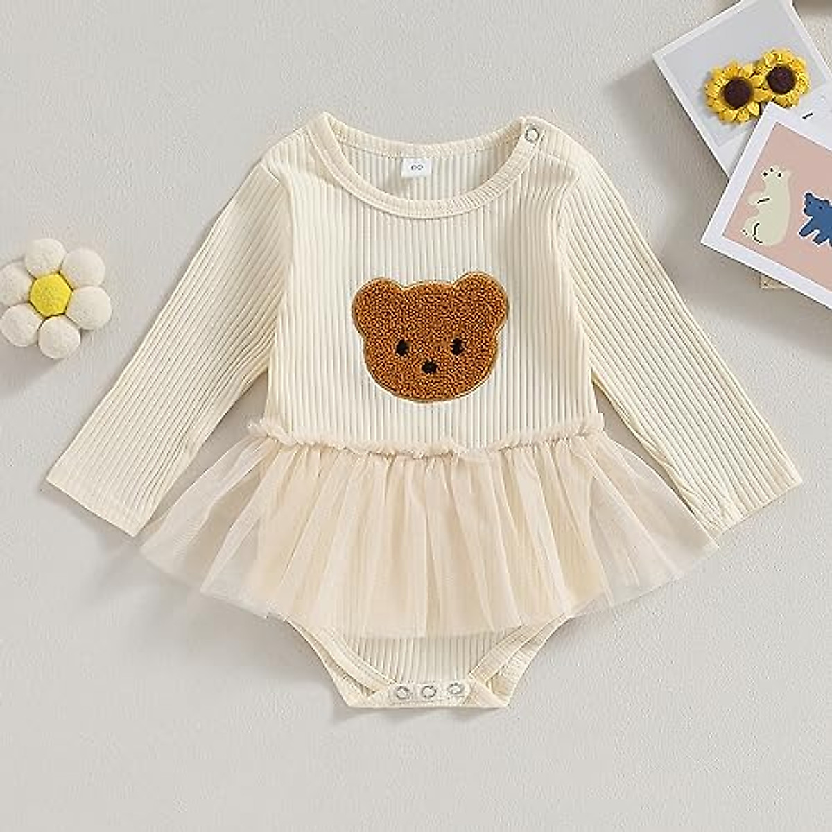 Kuriozud Baby Girls Mesh Romper Dress Bear Pattern Long Sleeve Jumpsuits for Newborn Infant Toddler Cute Clothes (Milky White, 12-18 Months)