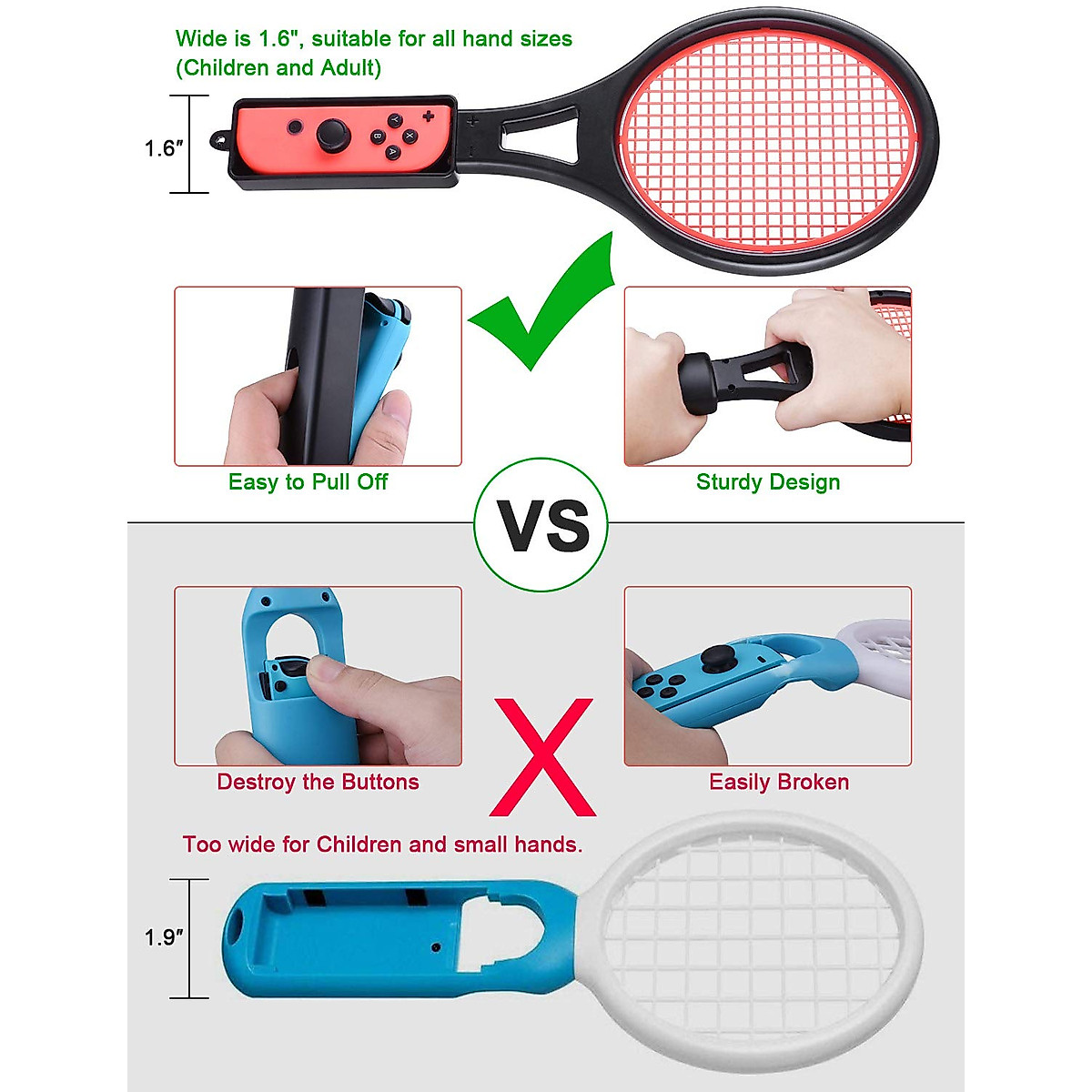 Tendak Tennis Racket for Nintendo Switch Joy-Con, Game Accessories for Mario Tennis Aces Game with 12 in 1 Game Card Case (2 Pack, Black)