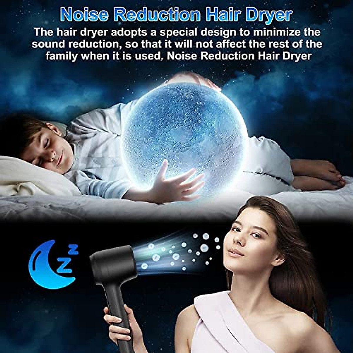 Hair Dryer, Negative Ionic Blow Dryer with 110, 000 RPM Brushless Motor for Fast Drying, Low Noise, High-Speed Hairdryer with 2 Nozzles, a Handbag, for Home, Salon Black