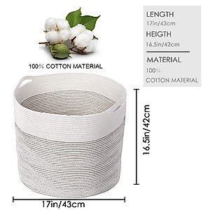 Woven Laundry Basket, Cotton Rope Hamper for Clothing,Toys, Pillows, Towels, Decorative Blanket Basket for Nursery, Living Room, 17" X 16.5"