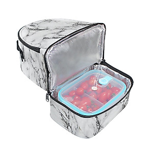 ALAZA White Aqua Black Marble Texture Portable Shoulder Double Lunch Box Bag Insulated Lunch Tote Outdoor Bag