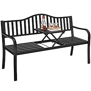 Topeakmart Outdoor Garden Bench Patio Park Bench Chair with Adjustable Middle Table, Two Person Outdoor Furniture, Black
