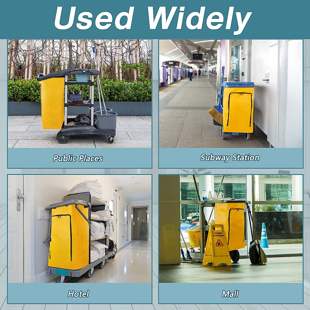 2 Pack Cleaning Cart Bag Zippered Front Replacement Janitorial Cart Bag 24 Gallon Large Capacity Commercial Cleaning Bags for Cleaning Cart Housekeeping Carts, Yellow, 26.5 x 15.5 x 10.5 Inch