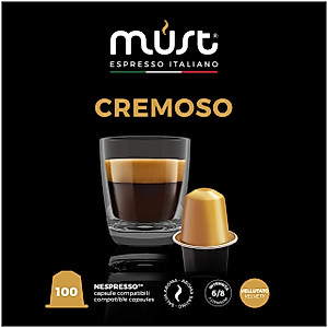 MUST, 100 Coffee Capsules in 100% Recyclable Aluminum, Cremoso Blend Intensity 6/8, 10 Packs of 10 Capsules, Compatible with Nespresso Machine, Made in Italy