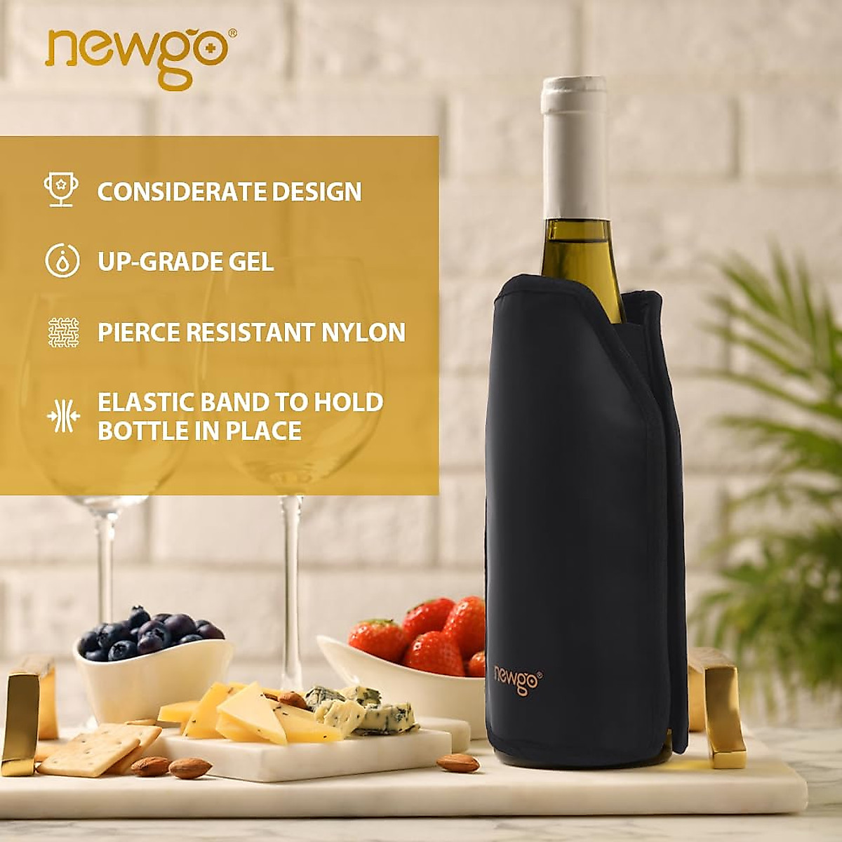 NEWGO Wine Cooler Sleeve Reusable Wine Bottle Cooler Flexible Wine Ice Pack Sleeve Keep Wine Cool and Refreshing for Standard Size Bottles for Red Wine, White Wine & Champagne - Black