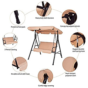 SILKYDRY 2-Person Outdoor Patio Swing Chair, Adjustable Canopy Porch Swing w/Powder Coated Steel Frame & Padded Cushion Seat, Loveseat Lounge Swing for Patio, Garden, Balcony & Backyard(Brown)