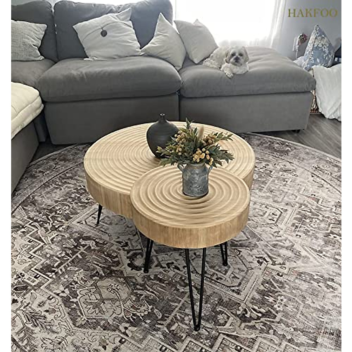 Uspeedy 2-Piece Farmhouse Wooden Coffee Table Set,Boho Coffee Table,Living Room Round Coffee Table Set,Nesting Table Round Wooden Finish with Ring Motif (Wood 1)
