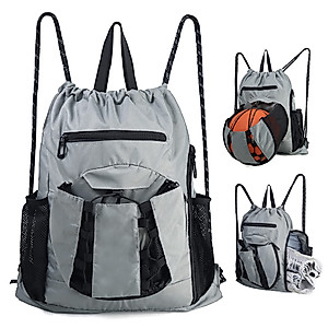 BeeGreen Grey Basketball Backpack Drawstring Backpack with Ball Holder & Shoe Compartment Sling Backpack for Soccer & Football & Volleyball, String Backpack for Dance Sports Yoga Men Women