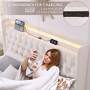 HIFIT Queen LED Bed Frame with Charging Station and 4 Storage Drawers, Velvet Upholstered Platform Bed with Handcrafted Crystal Button Wingback Headboard, Metal Frame with No Box Spring Needed, Beige