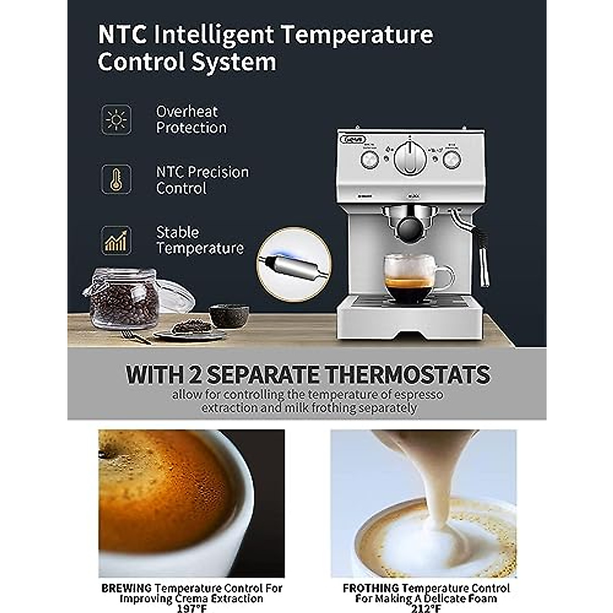 Espresso Machines 15 Bar with Adjustable Milk Frother Wand Expresso Coffee Machine for Cappuccino, Latte, Mocha, Machiato, 1.5L Removable Water Tank, Double Temperature Control System, 1100W, Black