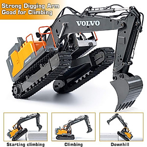 DOUBLE E Volvo RC Excavator 17 Channel 3 in 1 Construction Toys, 17 Channel Remote Control Vehicles Tractor Sandbox Toys Digger with Metal Shovel Drill Grab RC Truck for Kids Adults