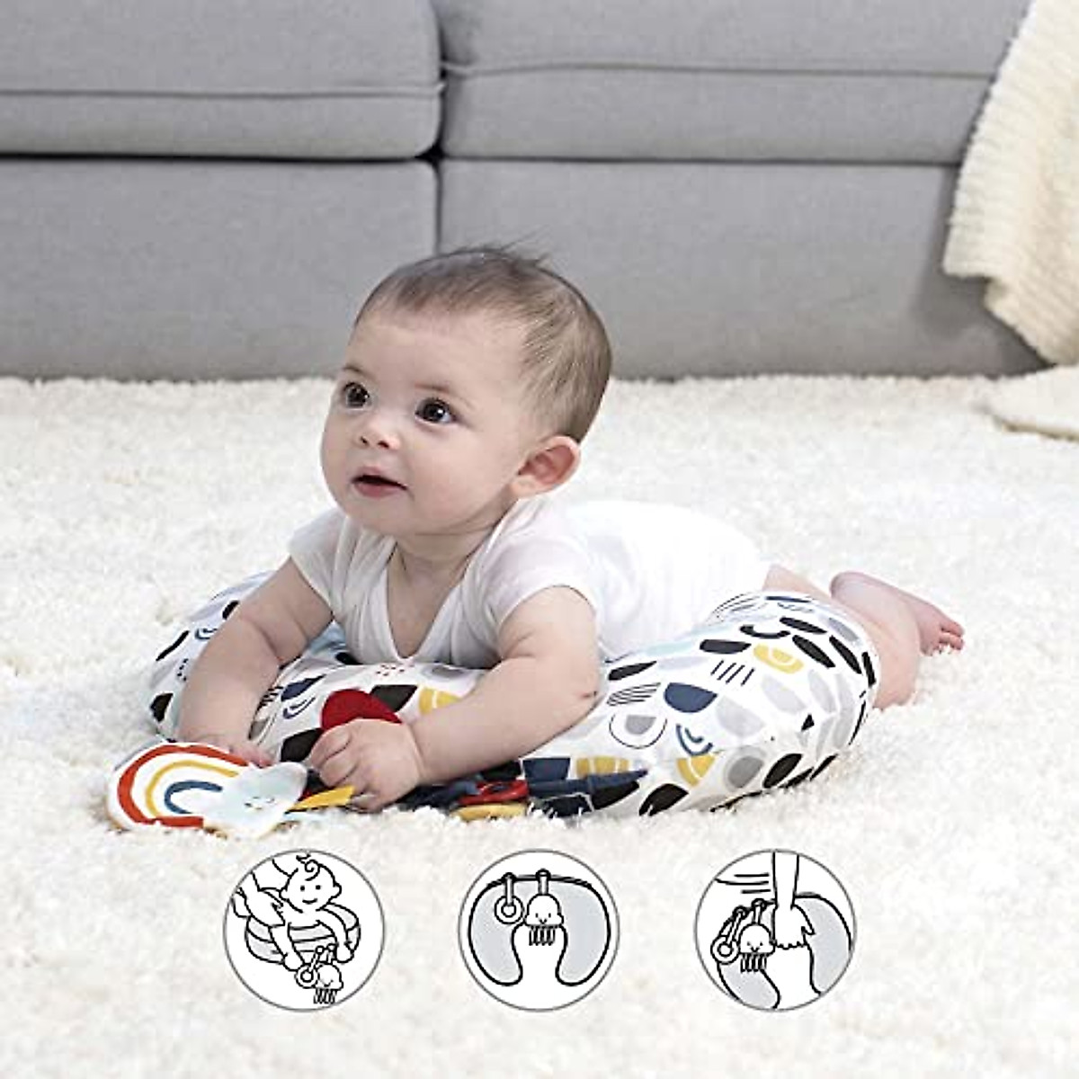 Boppy Tummy Time Prop, Black and White Modern Rainbows with Teething Toys, Fabric, A Smaller Size for Comfortable Tummy Time, Attached Toys Encourage Neck and Shoulder Strength Building