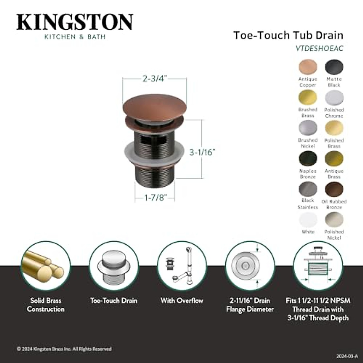Kingston Brass VTDESHOE Trimscape Toe-Touch Tub Overflow, 1-1/2" Threaded Drain, Polished Chrome