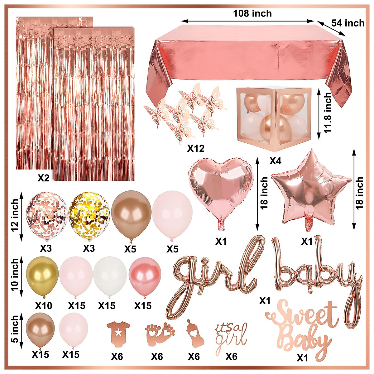 Rose Gold Baby Shower Decorations Rose Gold Balloon Garland Arch Kit Balloon Boxes Fringe Curtain Tablecloth Cake Topper Butterfly Stickers for Birthday Girls Baby Shower Gender Reveal Party Supplies
