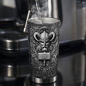 20oz American Viking Tumbler, Viking Gifts for Men, Norse Mythology Gifts, Coffee Thermos for Men, Stainless Steel Double Wall Vacuum Insulated Coffee Mug, Travel Cup with Lid