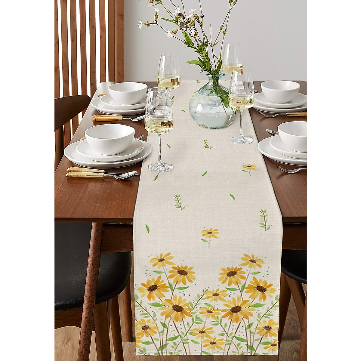 Spring Floral Table Runner 72 Inches Long Farmhouse Dress Scarves, Yellow Daisy Summer Botanical Rustic Linen Texture Dining Tablerunner for Coffee Table/Party/Kitchen Island Décor, 13" x 72"