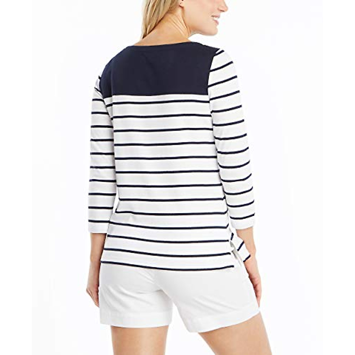 Nautica Women's Boatneck 3/4 Sleeve 100% Cotton Shirt, Indigo, Large