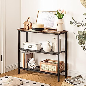 HOOBRO 29.5" Narrow Console Table, 3-Tier Entryway Table, Thin Sofa Table with Shelves, Side Table, Display Table, for Hallway, Entrance, Living Room, Bedroom, Rustic Brown and Black BF73XG01