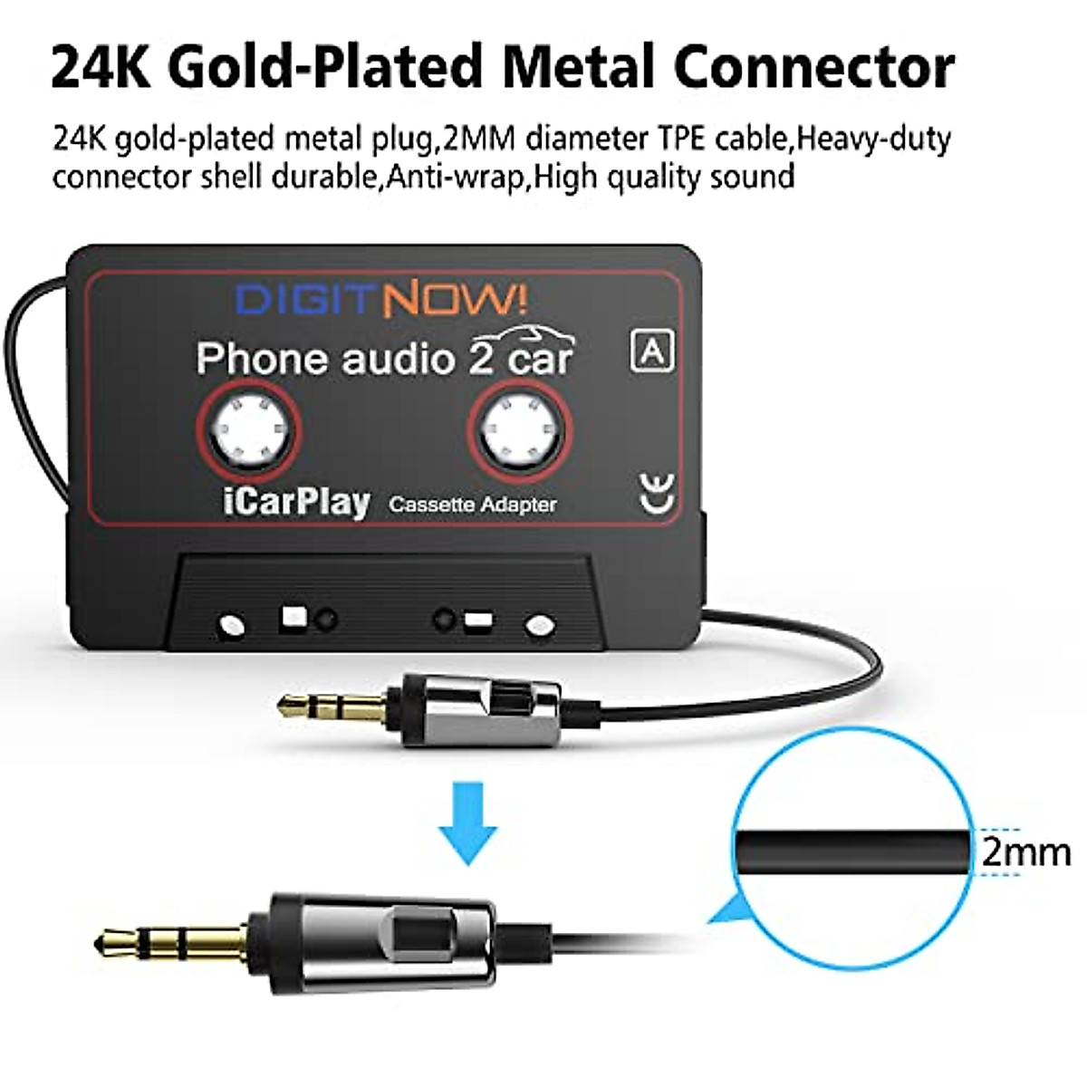 Kedok Car Cassette to Aux Adapter with 3.5MM Cable, Stereo Audio Tape Adapter for Car, Phone, iPod, MP3 Player, Laptop, Cassette Deck