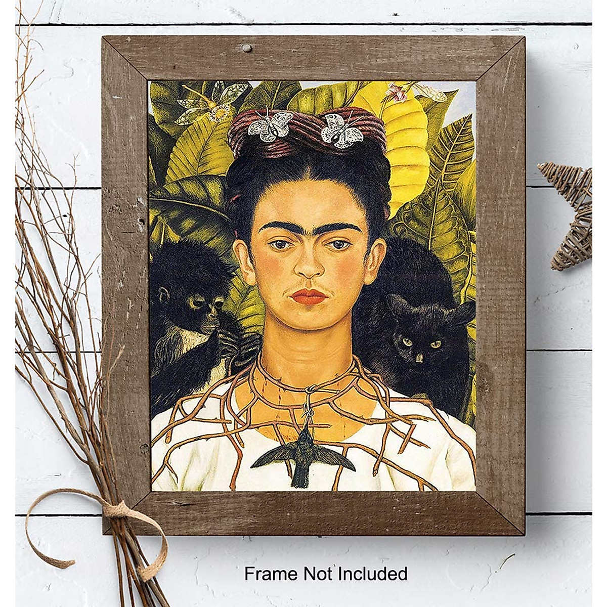 Poster - 8x10 Mexican Art Wall Decor Picture Print for Bedroom, Living Room, Home, Apartment - Gift for Women, Woman Artist - Monkey, Cat, Hummingbird Self-Portrait Painting - Unframed