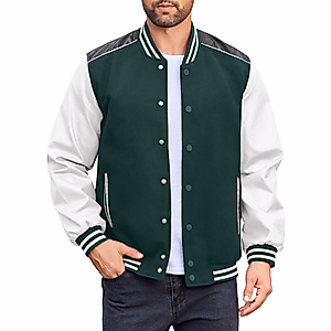 COOFANDY Mens Letterman Jackets Unisex Baseball Bomber Jacket Wool Faux Leather Coats Outwear Green Fall Jacket