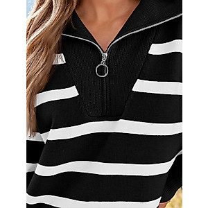 LILLUSORY Women's Casual Striped Sweater Dress Fall Winter 2023 Half Zip Pullover V Neck Knit Dresses Long Sleeve Sweaters Black