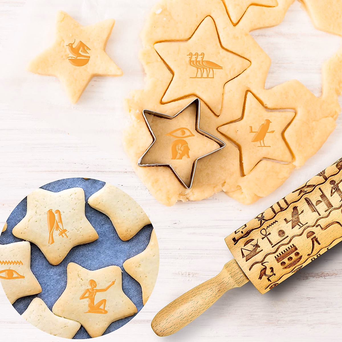Rolling Pins for Baking Egypt Hieroglyphs Engraved Embossing Rolling Pin 15 Inches Embossed Rolling Pin Kitchen Tools for Egyptian Theme Baking Embossed Cookies for Women Mom Birthday Gift