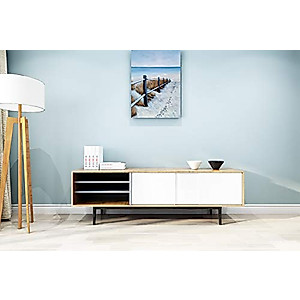 YHSKY ARTS Beach Canvas Wall Art Hand Painted Blue and White Painting with Fence Modern Abstract Coastal Pictures Contemporary Vertical Nautical Artwork for Living Room Bedroom Bathroom Decor