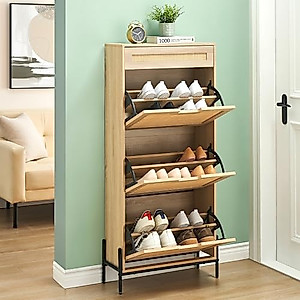 IDEALHOUSE Natural Rattan 3 Flip Door with 1 Drawer Shoe Cabinet Organizer Freestanding, Shoe Rack Storage Cabinet for Entryway with 3-Tier Adjustable Shelves for Slippers, Sneakers, Heels, Boots