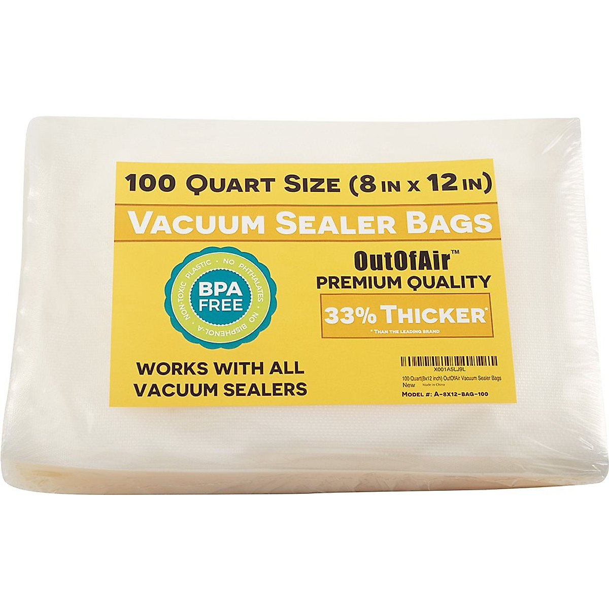 100 Vacuum Sealer Bags: Quart Size (8" x 12") by OutOfAir Works with FoodSaver & Other Machines - 33% Thicker BPA Free, Commercial Grade, 8 x 12 inches