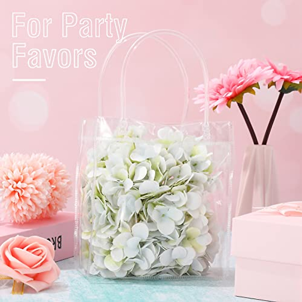 Whaline 60 Pieces Clear PVC Gift Bags with Handles Transparent Plastic Tote Bags Gift Wrap Bags Treat Bags for Wrapping Holiday Gifts Shopping Birthday Anniversary Party Supplies, 5.9 x 6.3 x 2.8 Inch