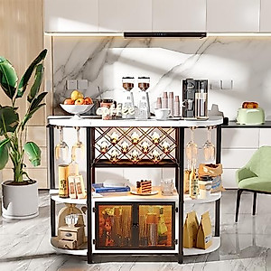 Unikito Bar Table with Double LED Lights and Power Outlet, Freestanding Wine Rack Table with Glass Holder, Home Mini Bar with Storage, Bar Cabinet for Liquor and Glasses for Kitchen Dining Room, White