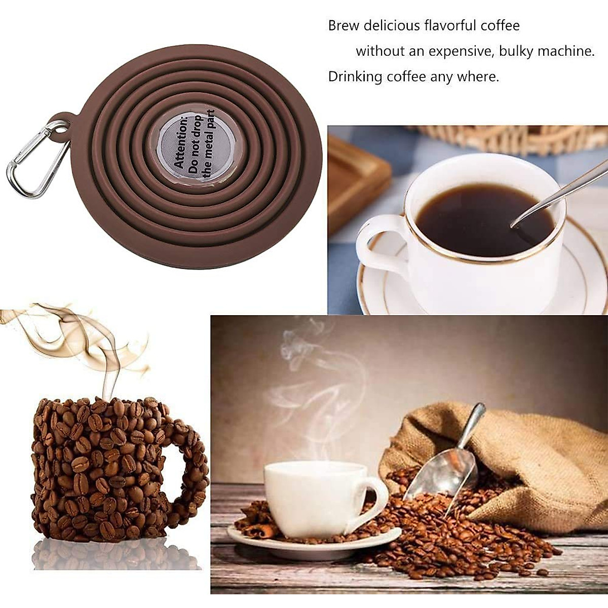 Collapsible Coffee Dripper Pour Over Coffee Filter, Silicone Reusable Coffee Maker,Paperless Coffee Brew Maker,Dishwasher Safe,Carabineer for Hiking, Backpacking,Camping,Home,Office(Brown)