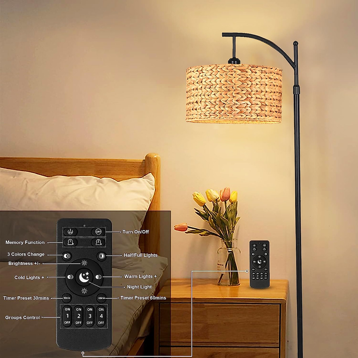 QIYIZM Floor Lamp for Living Room Bedroom Farmhouse Arc Rattan Boho Standing Lamp with Remote Dimmable Black Wicker Bamboo Lamp Shade Floor Light Adjustable Tall Lamp Industrial Floor Lamps Bohemian