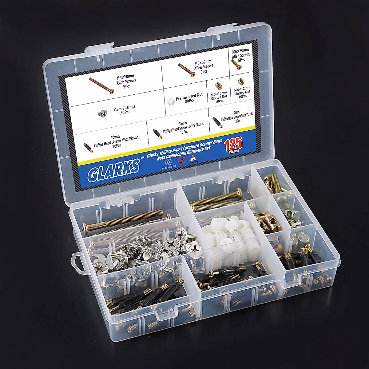 Glarks 125Pcs 3-in-1 Furniture Connecting Hardware Set, Hex Socket Cap Furniture Barrel Screws Bolt Nuts & Cam Fitting & Pre-Inserted Nut & Eccentric Wheel for Crib, Wardrobe Splicing, Cabinet Drawer