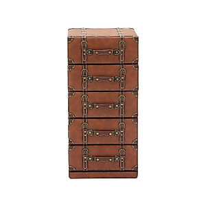 Deco 79 Wood Faux Leather 5 Drawer Chest with Buckle and Strap Detailing, 16" x 14" x 35", Brown