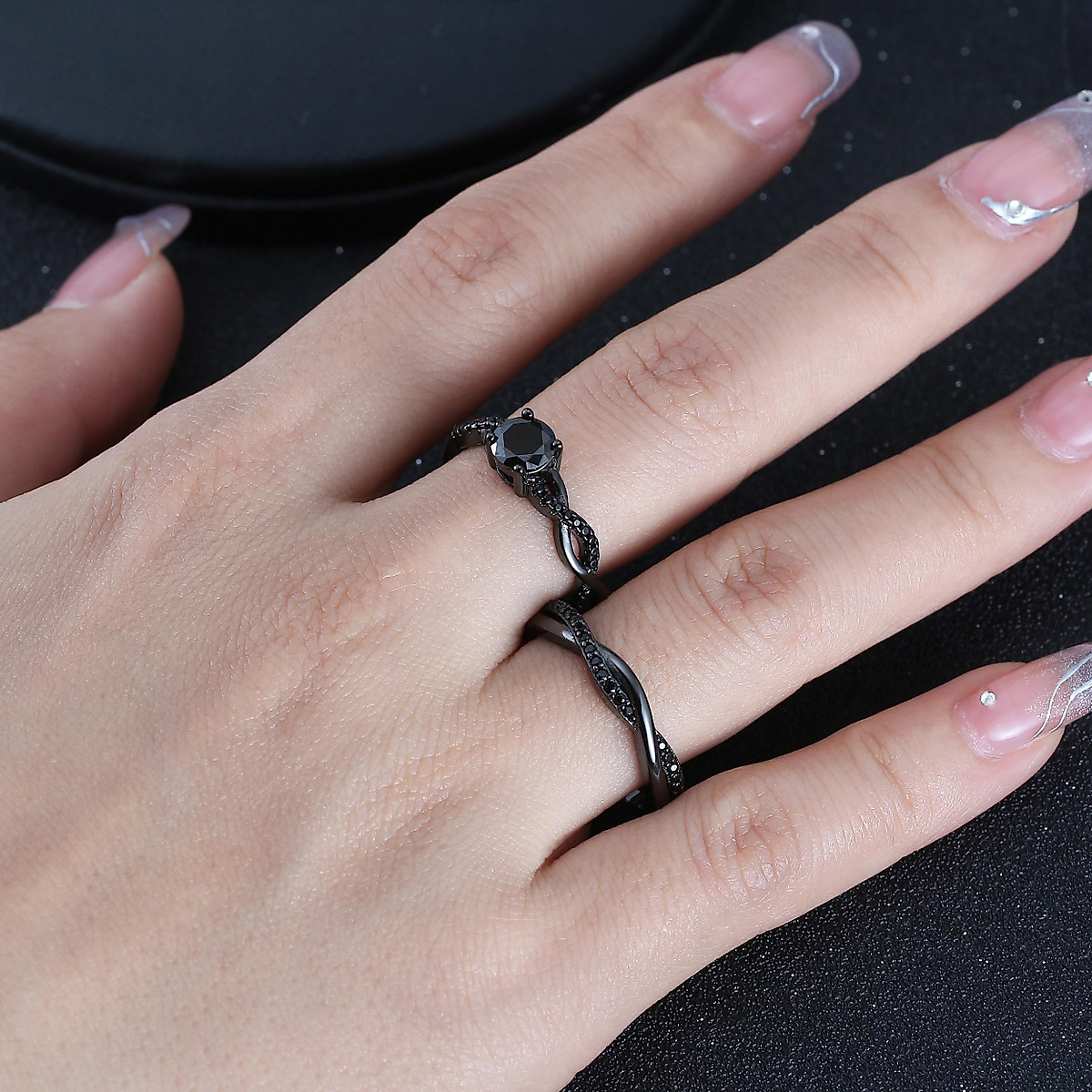 Half Eternity Twisted Wedding Band for Women by Ginger Lyne, Black 925 Sterling Silver Wedding Rings CZ Stackable Rings, Promise Ring for Her Anniversary Cubic Zirconia Engagement Rings for Women