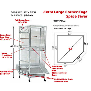 Extra Large Corner Flight Bird Rolling Cage for Cockatiel Aviary Canary Parakeet Budgies Parrot with Metal Seed Skirts