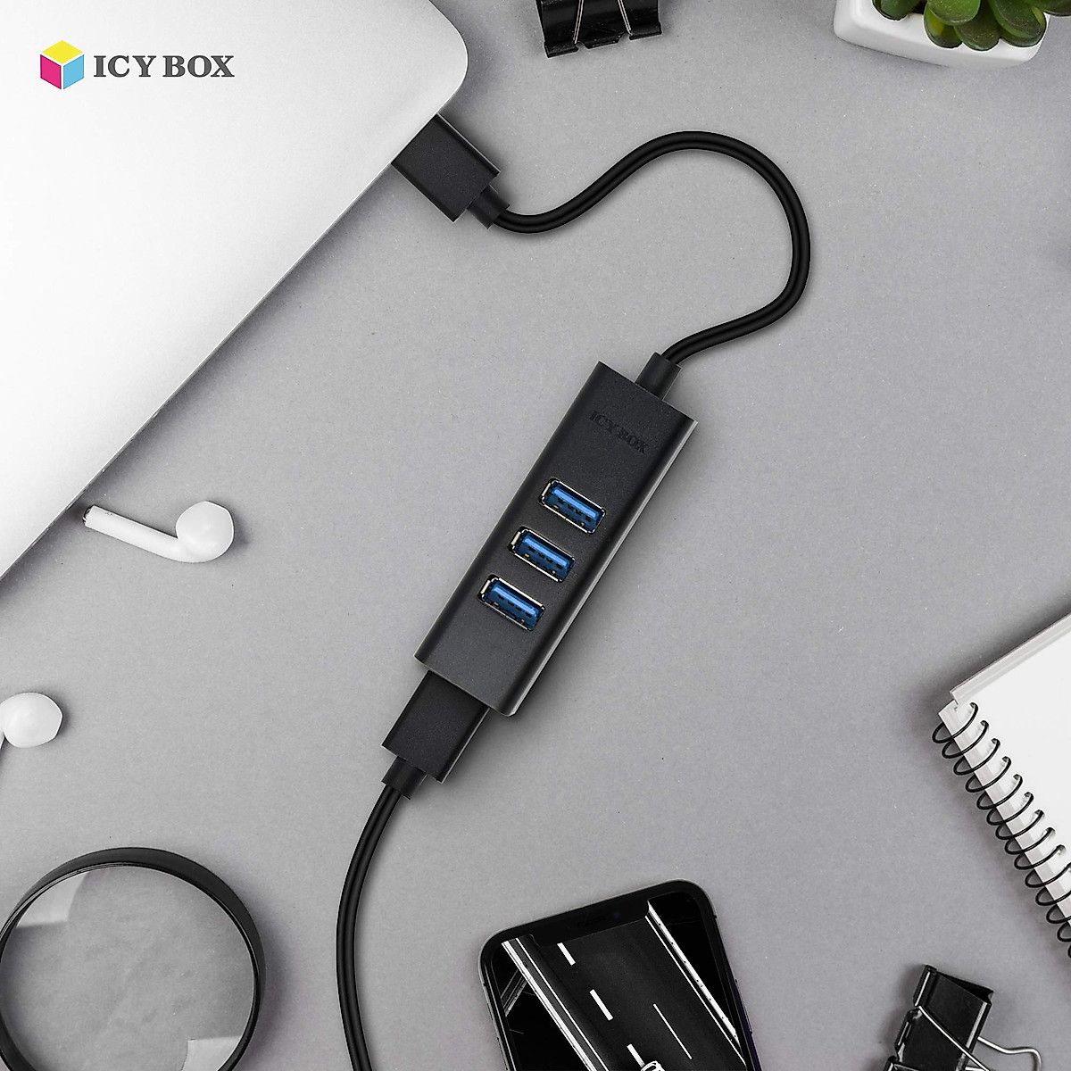 ICY BOX 4 Port USB Hub 3.0 with USB 3.0 Connection Integrated Cable Aluminium Black