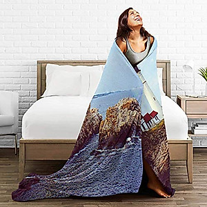 Vintage Sea Landscape Lighthouse Flannel Fleece Microfiber Throw Blanket Extra Soft Brush Fabric Winter Warm Sofa Blanket Fuzzy Microplush Lightweight Thermal Fleece Blankets for Home Bed Couch